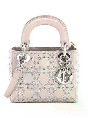 Dior Christian Dior Lady Dior Bag Crystal Embellished Cannage Quilt Satin Mini Satchel Neutrals