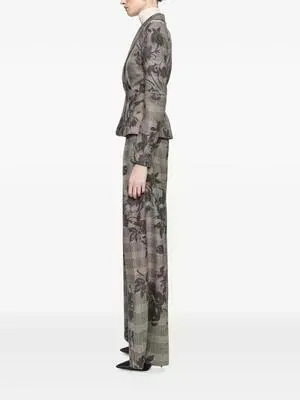 NISSA High-waisted Wide-leg Trousers With Plaid And Floral Print - Grey