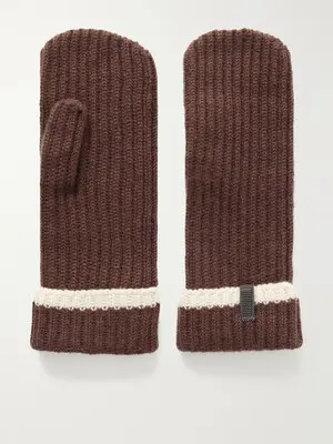 Brunello Cucinelli Bead-embellished Striped Ribbed Cashmere Mittens - Brown