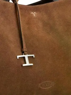 TOD'S Suede Tote Bag With T Timeless Detail - Brown