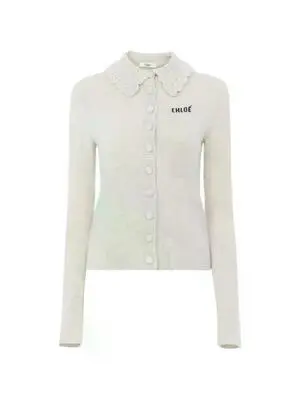 Chloé Crochet-collar Logo-embroidered Cardigan - Grey