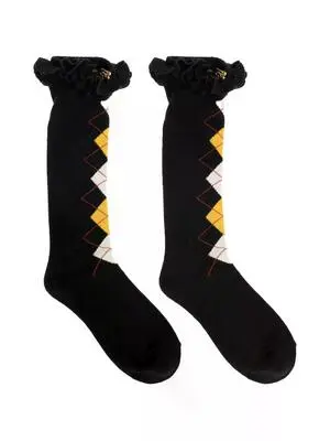 GANNI Argyle Knit Ruffled Knee High Socks - Black