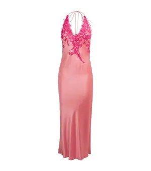 TORLOWEI Silk Midi Slip Dress With Lace Appliqu - Pink