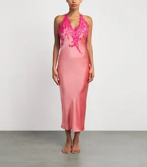 TORLOWEI Silk Midi Slip Dress With Lace Appliqu