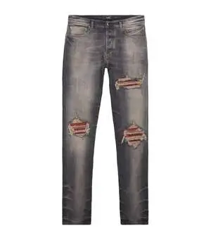 Amiri Ripped Skinny Jeans With Flannel Inlays - Grey