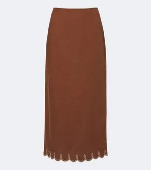 Veronica Beard Malou Embroidered Linen Midi Skirt - Brown