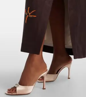 Amina Muaddi Embellished Satin Mules - Beige