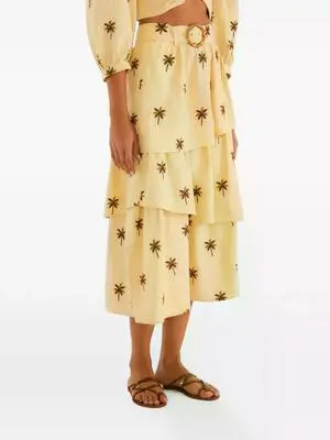 Farm Rio Belted Midi Skirt With Palm Tree Embroidery