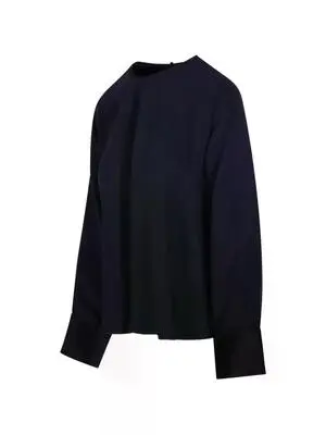 FORTE_FORTE Long Sleeve Blouse With Round Neck And Keyhole Detail - Blue