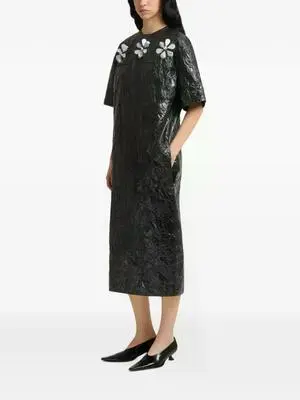 Marni Crinkled Taffeta Midi Dress With Embellished Daisies - Black