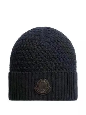 Moncler Logo Patch Cable Knit Beanie Hat - Blue