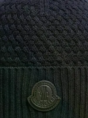 Moncler Logo Patch Cable Knit Beanie Hat - Blue
