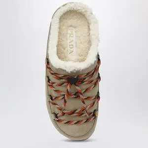 Prada Suede Shearling Lined Clogs - Beige