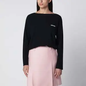 Miu Miu Virgin Wool Sweater With Logo Intarsia - Blue