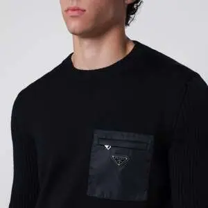 Prada Virgin Wool Crewneck Sweater With Re-nylon Pocket