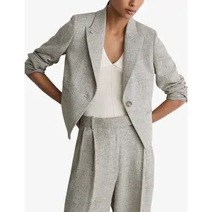 REISS Ezra Cropped Linen-blend Herringbone Blazer
