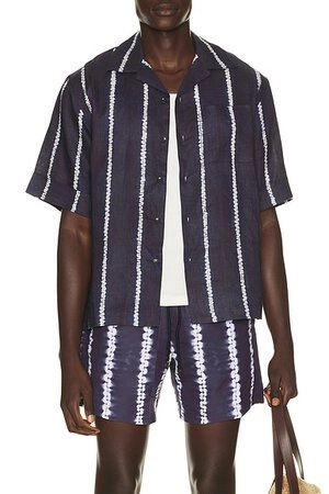Commas Shibori Stripe Cuffed Camp Collar Shirt - Navy