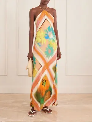 Staud Cubism Striped Floral-print Satin Maxi Dress - Multi