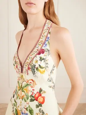 Camilla Embellished Floral-print Linen Playsuit - Neutrals