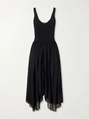 Maria Mcmanus Ribbed Corset Midi Dress With Pleated Chiffon Skirt - Black