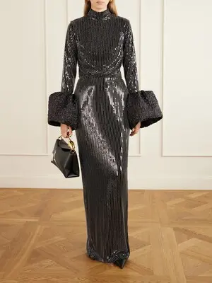 DIMA AYAD Studded Sequin-trimmed High Neck Blouse