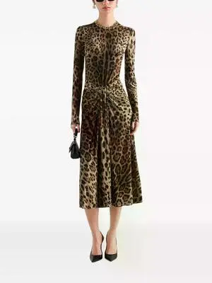 Dolce & Gabbana Leopard Print Viscose Jersey Long Sleeve Midi Dress - Neutrals