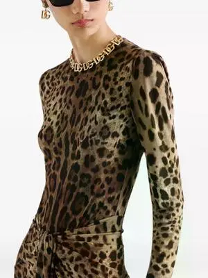 Dolce & Gabbana Leopard Print Viscose Jersey Long Sleeve Midi Dress - Neutrals