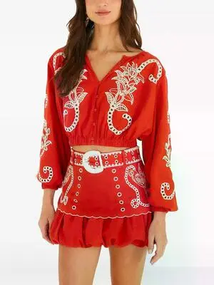 Farm Rio Richelieu Embroidered Cropped Blouse - Red
