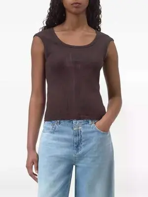 Closed Ribbed Cap-sleeve T-shirt - Brown