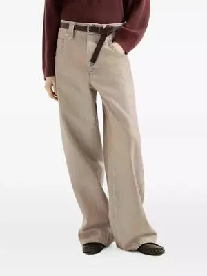 Brunello Cucinelli Beige Lamé-denim Baggy Trousers With Monili - Neutrals