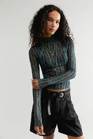 Free People Lyric Sheer Lace Long Sleeve Turtleneck Top - Navy Combo
