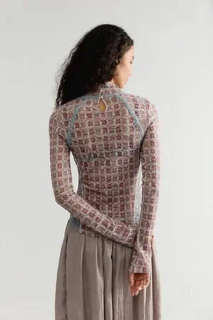 Free People Lyric Sheer Lace Long Sleeve Turtleneck Top - Tea Combo