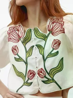Farm Rio Floral Embroidered Puff-sleeve Cropped Top