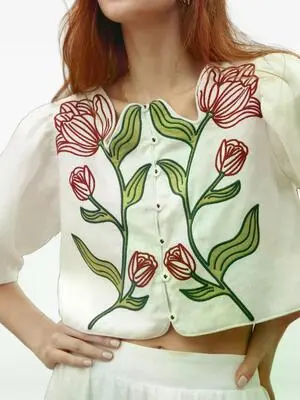 Farm Rio Floral Embroidered Puff-sleeve Cropped Top