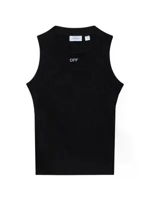 Off-White Ribbed Racerback Tank Top With Logo Detail - Black