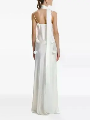 LITA COUTURE Silk Satin Cowl Neck Maxi Dress With Scarf And Floral Tie Details