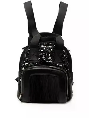 Miu Miu Leather Trimmed Matelasse Crystal Embellished Nylon Backpack - Black