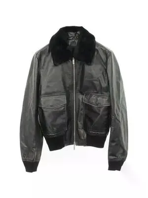 Dior Leather Shearling Collar Zip-up Jacket - Black