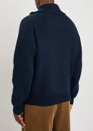 JIL SANDER High-neck Zip-up Ribbed Wool Jumper - Navy