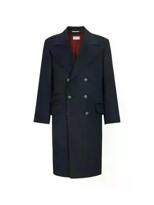 Brunello Cucinelli Cashmere Chevron Flannel Double Breasted Coat With Peak Lapels And Metal Buttons - Blue