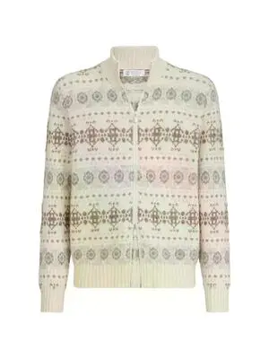 Brunello Cucinelli Pure Cashmere High-neck Jacquard Zip-up Cardigan - Neutrals
