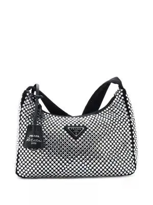 Prada Re-edition 2000 Crystal Embellished Satin Mini Hobo Bag - Black