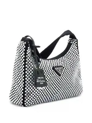 Prada Re-edition 2000 Crystal Embellished Satin Mini Hobo Bag - Black