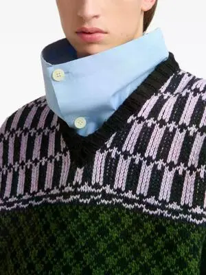 Marni Jacquard-knit Geometric Motif V-neck Sweater - Green
