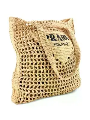 Prada Triangle Logo Open Raffia Tote Bag