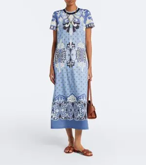 La DoubleJ Sporty Swing Printed Cotton Jersey Midi Dress - Blue