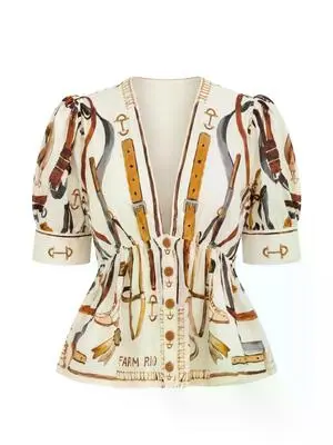 Farm Rio Equestrian Print Puff-sleeve Blouse