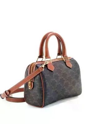 Celine Boston Bag Triomphe Coated Canvas Small Satchel - Brown