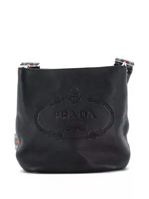 Prada Logo Messenger Bag Vitello Phenix Medium Bucket Bag - Black