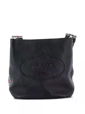 Prada Logo Messenger Bag Vitello Phenix Medium Bucket Bag - Black
